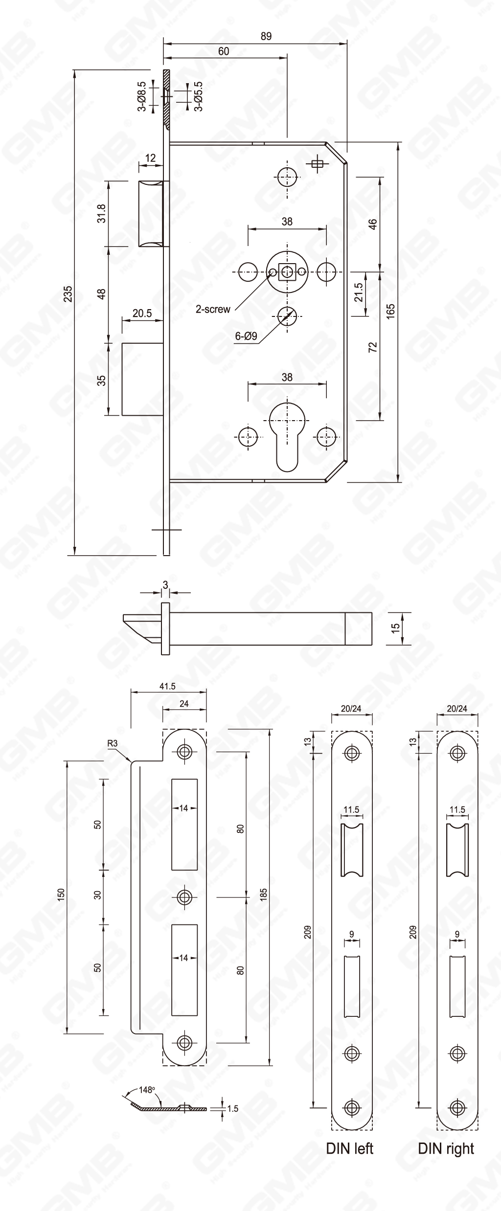 High Security Stainless Steel Mortise Door cylinder hole lock Lock Body ...